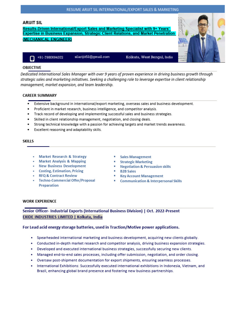 Resume Arijit Sil - International Sales Nov'24 | PDF | Marketing | Sales