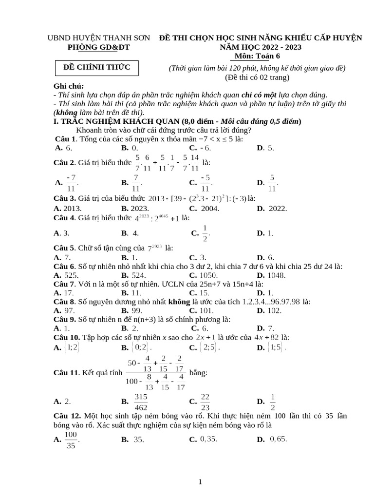 Toán 6 2022-2023 - Hsg Thanh Sơn Phú Thọ | PDF