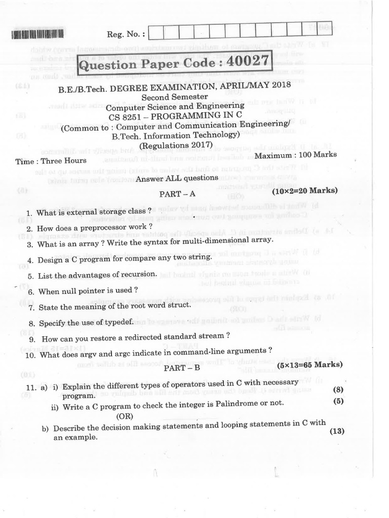 Programming in C - CS8251 2017 Regulation - Semester Question Paper 2018 April May | PDF ...