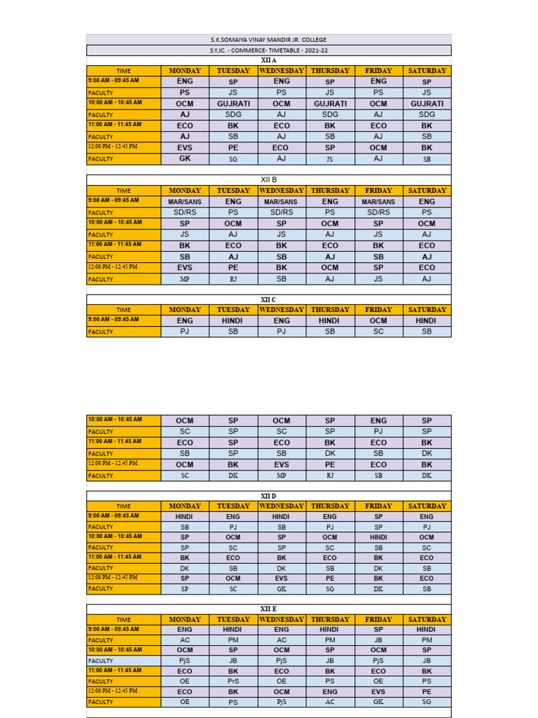 SYJC TIME TABLE 2021-22 | PDF