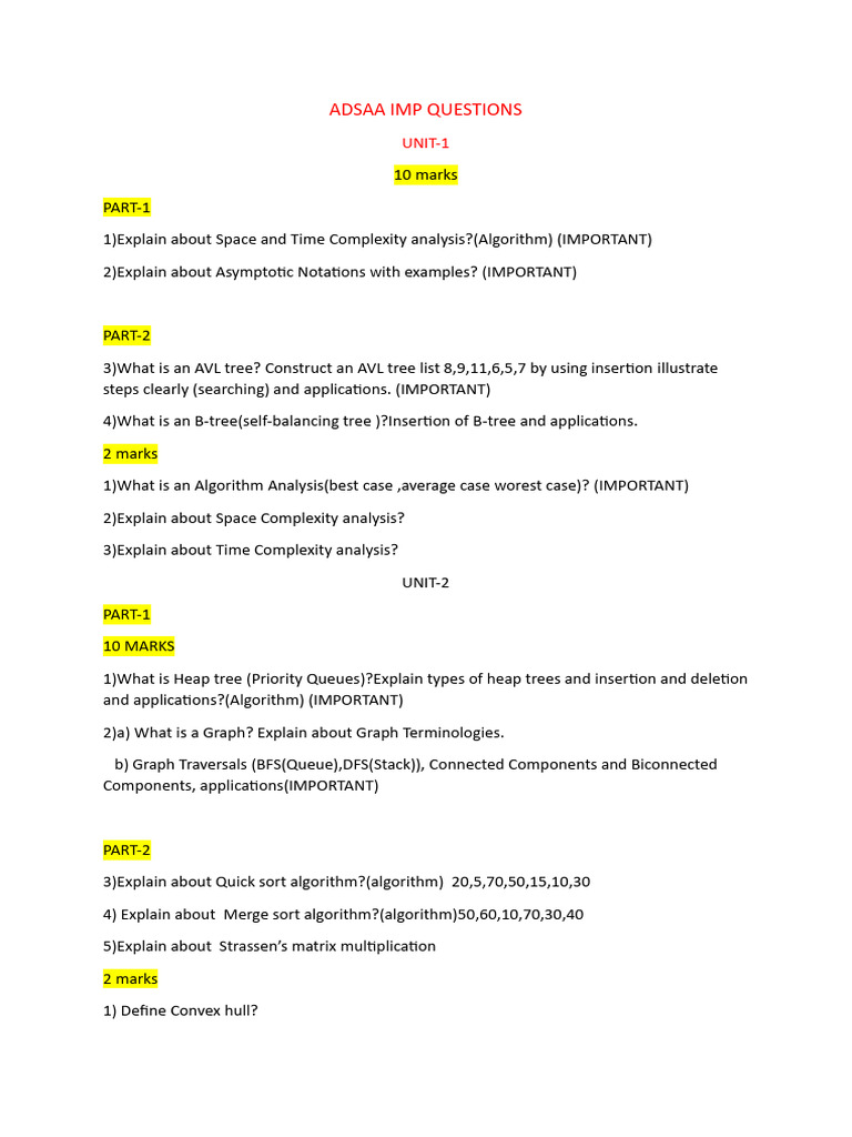 Adsaa Sem Important Questions | PDF | Time Complexity | Dynamic Programming