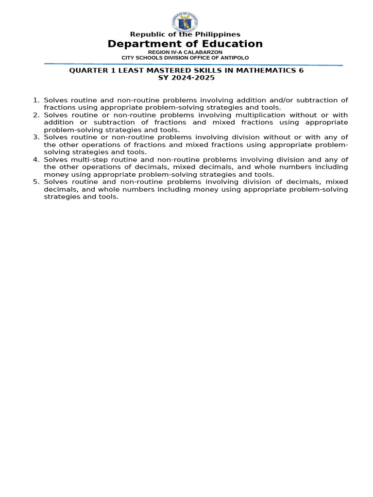 Quarter 1 Math Skills Assessment 6 | PDF