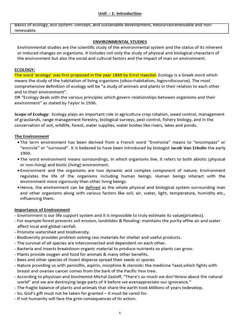 EVS UNIT- 1 Notes | PDF | Atmosphere Of Earth | Primary Production