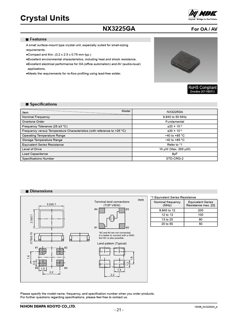 25Mhz NX3225GA STD CRG 2 CRYSTAL | PDF | Electrical Engineering | Electricity