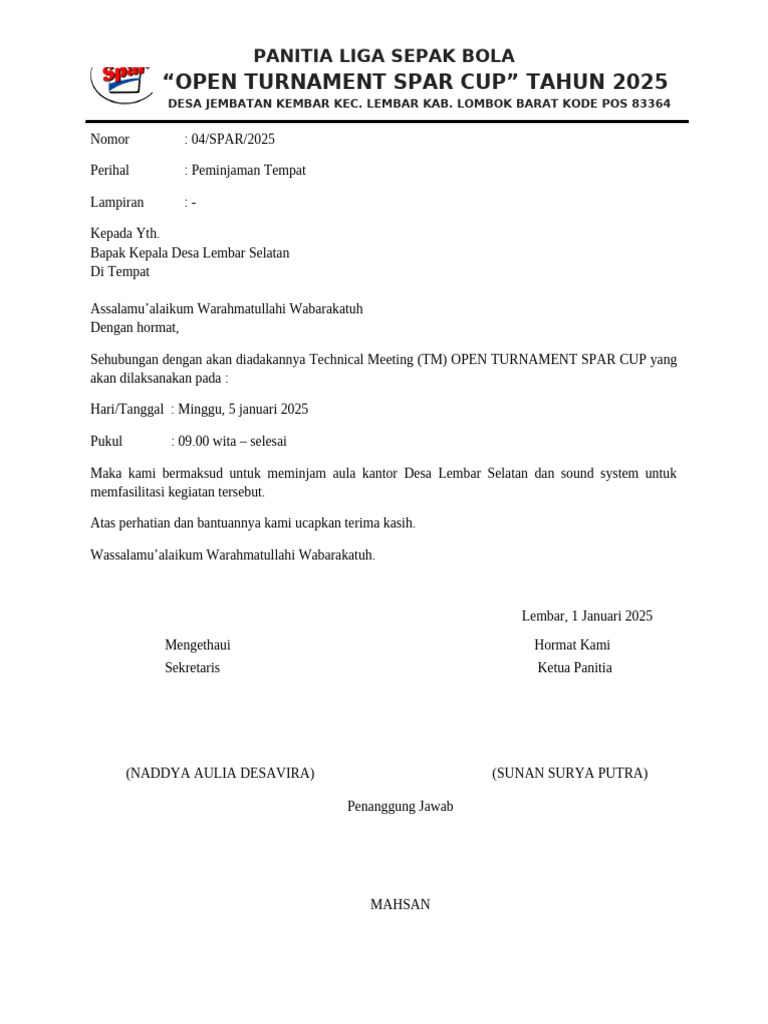 Surat Peminjaman Aula | PDF