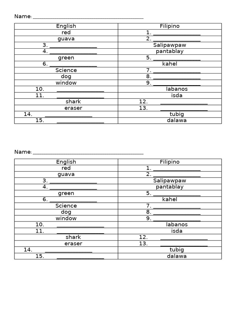 Bilingual Vocabulary Worksheet | PDF