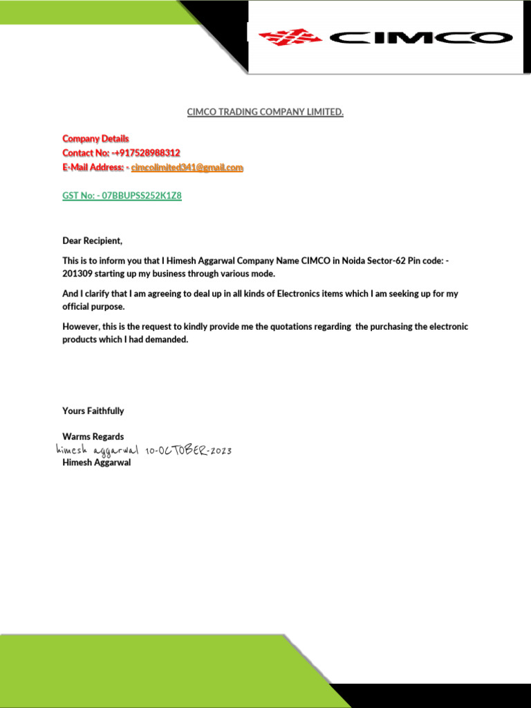 CIMCO Trading Company Electronics Inquiry | PDF