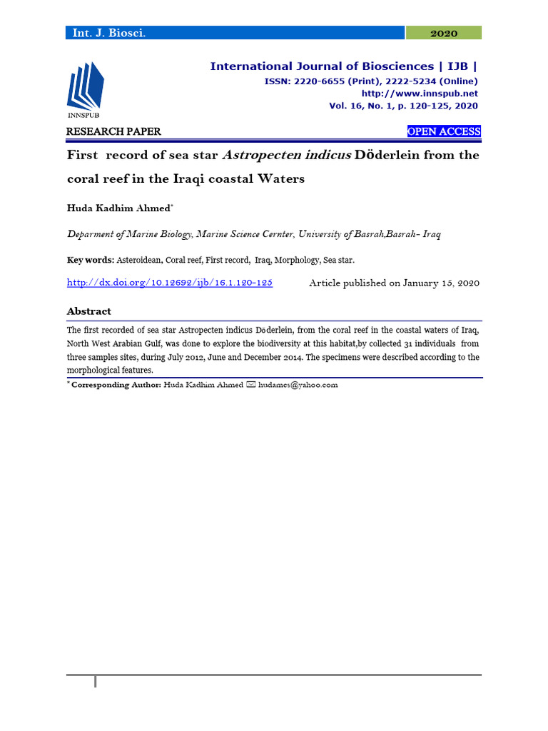 First record of sea star Astropecten indicus Dӧderlein from the coral ...