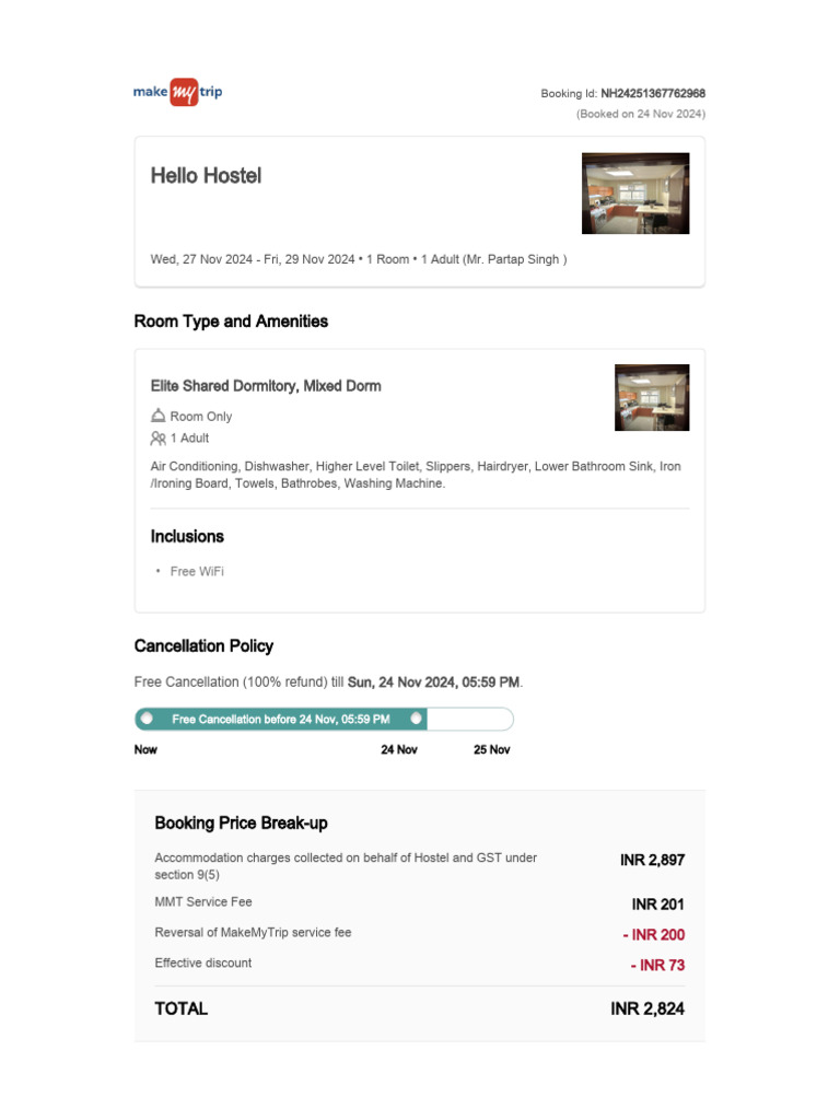 Hostel Booking Details for Mr. Partap Singh | PDF