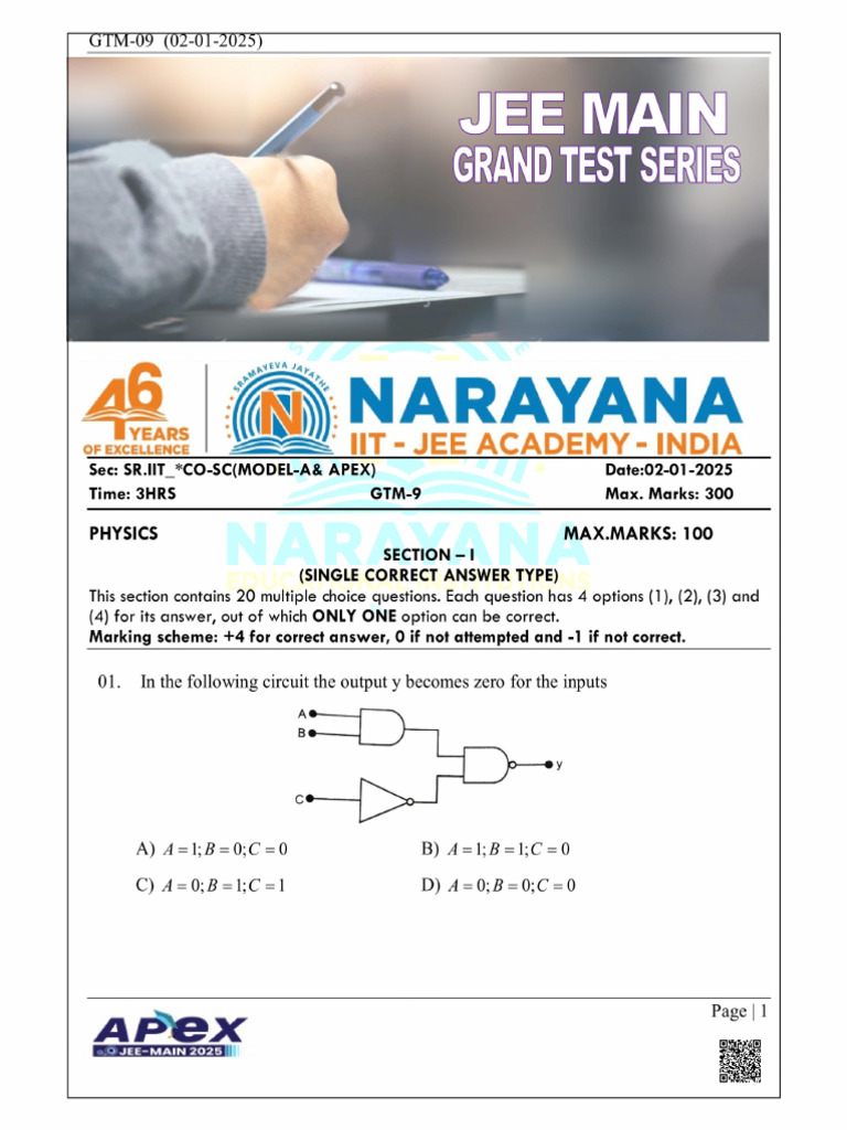 02-01-2025 SR - Star Co-Sc (Mode& Apex) Jee Main Gtm-9 QP | PDF
