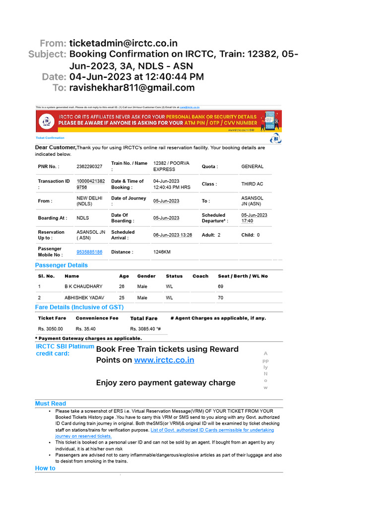 Booking Confirmation On IRCTC, Train 12382, 05-Jun-2023, 3A, NDLS - ASN ...