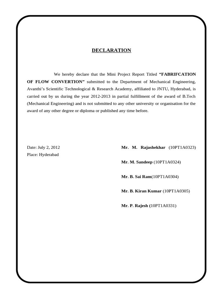 Declaration For Mini Project | PDF