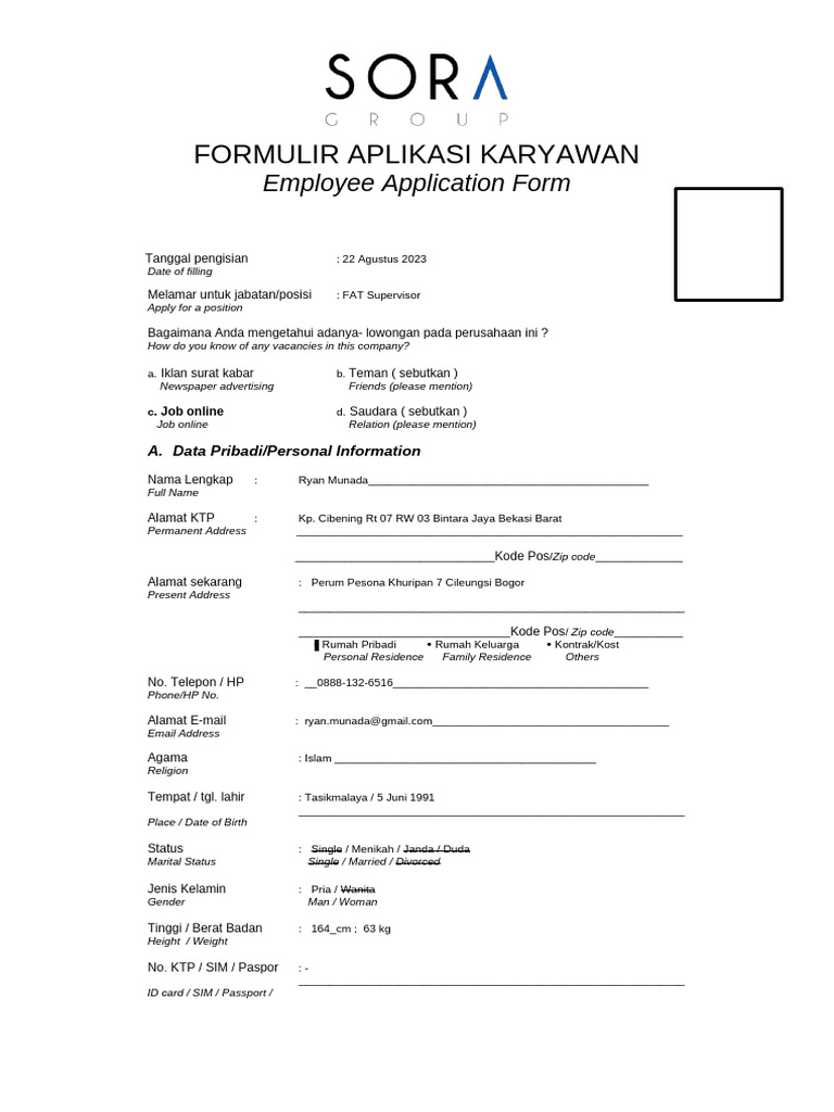M.hrd.01.01 SORA - Form Aplikasi Karyawan | PDF