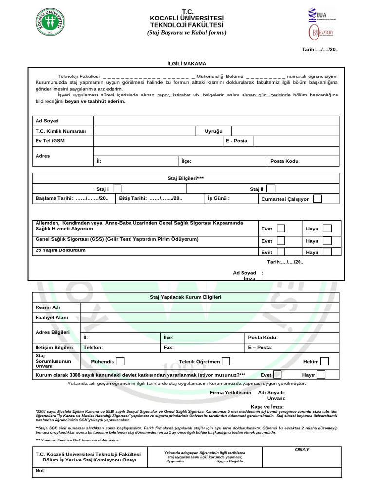 Staj Başvuru Ve Kabul Formu | PDF
