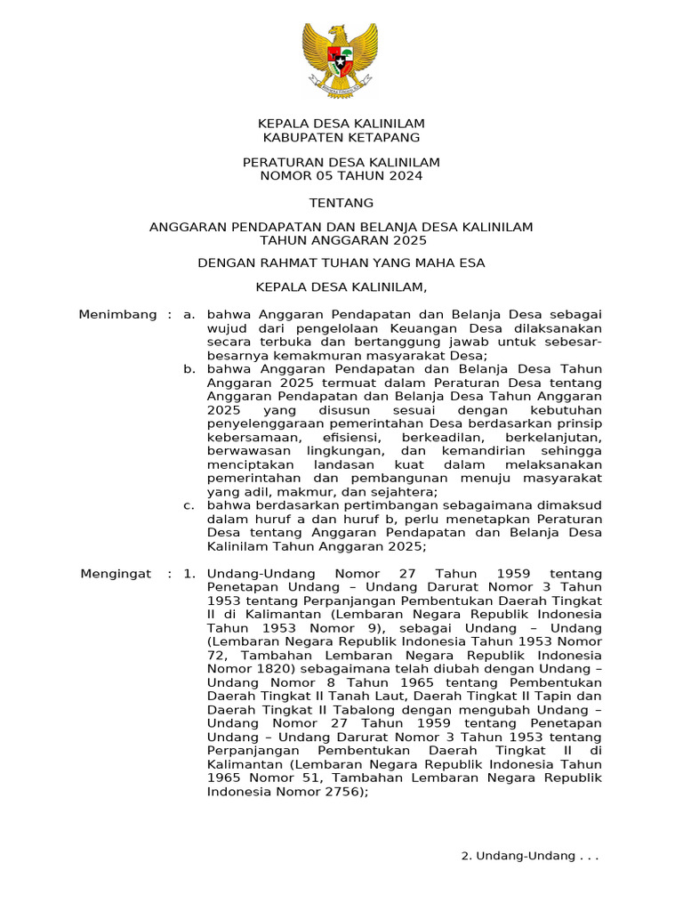 Peraturan Desa APBDes 2025 Kalinilam | PDF