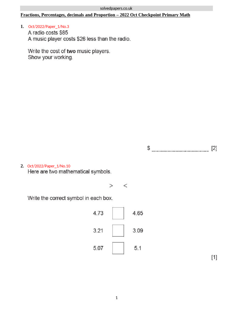 2022oct Fractions Percentages Decimals and Proportion Checkpoint - Primary - Math | PDF
