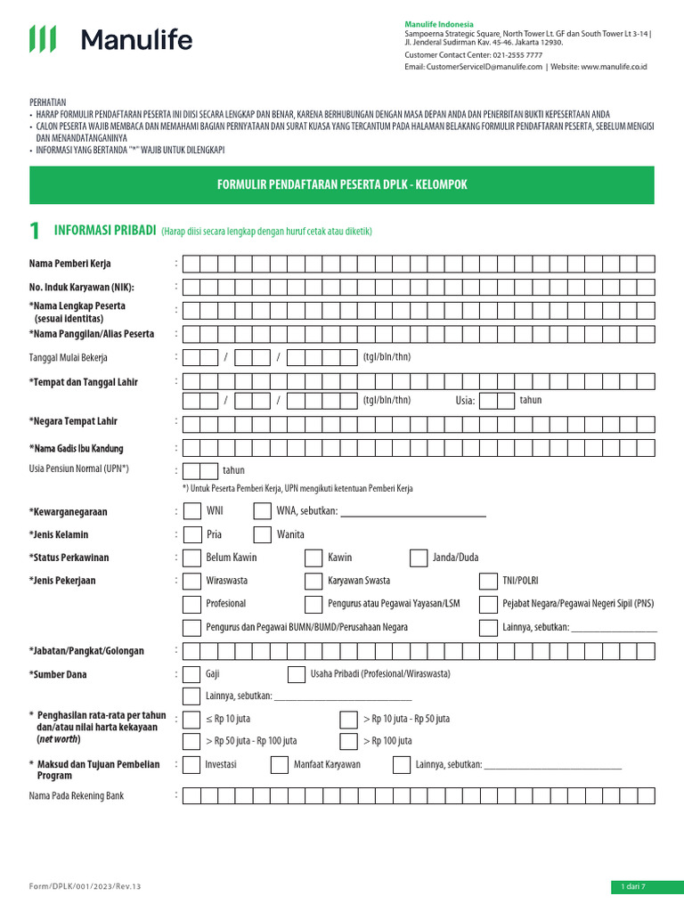 Formulir Pendaftaran Peserta DPLK - Kelompok | PDF