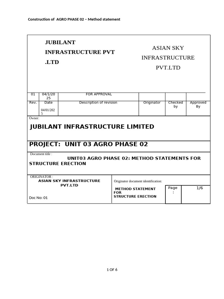Method Statement for Structure Erection FOR UNIT 03 (1) | PDF | Crane (Machine) | Occupational ...