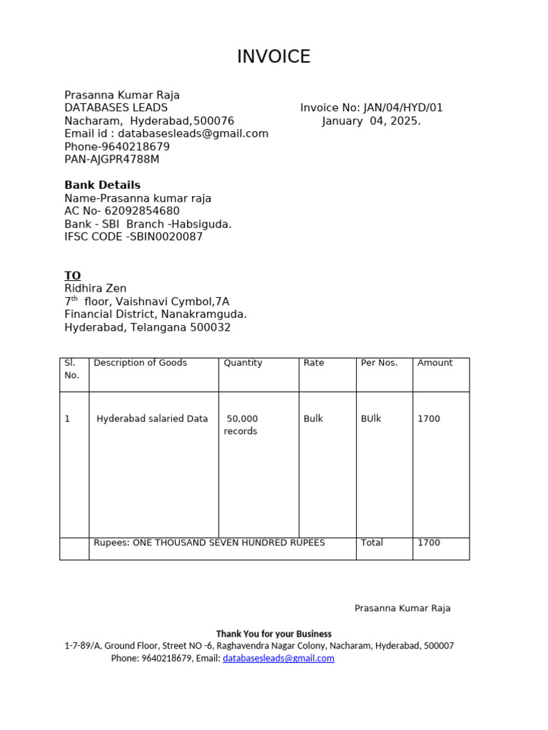 INVOICE-Ridhira Zen_Bank Details | PDF