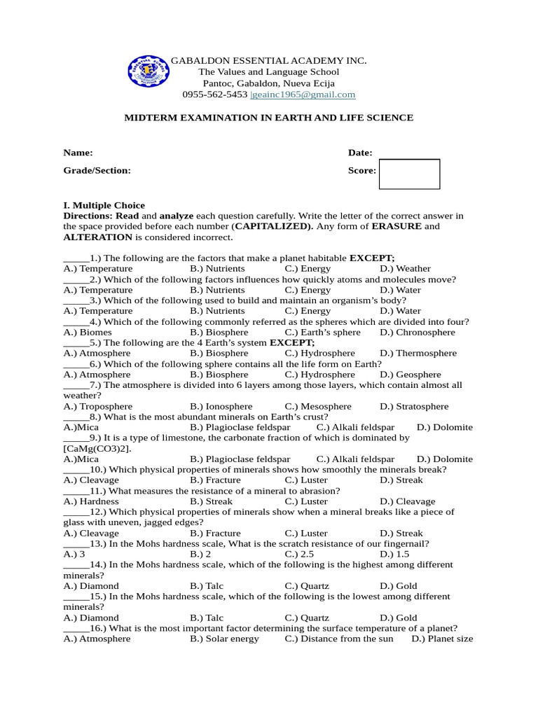 MIDTERM ELS | PDF | Minerals | Earth Sciences