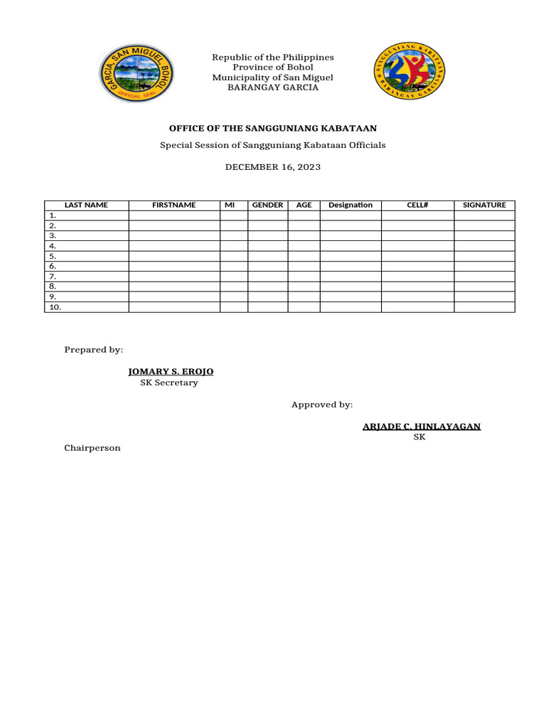 Attendace Sheet For Special Sessiion | PDF