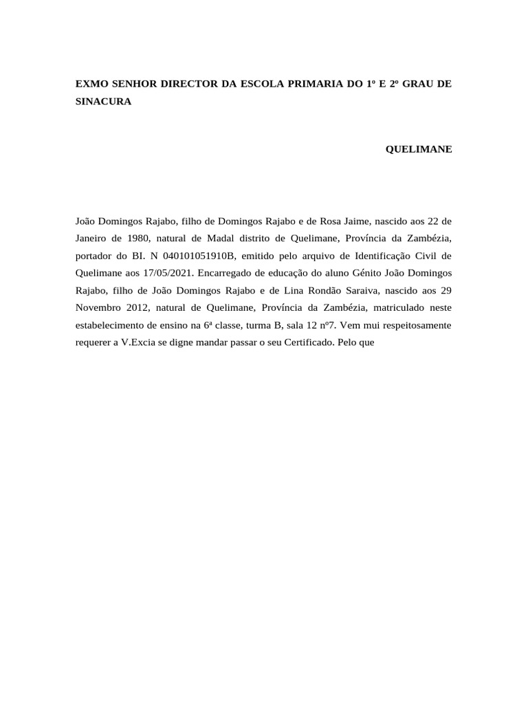 Exmo Senhor Director Da Escola Primaria Do 1º e 2º Grau de Sinacura | PDF