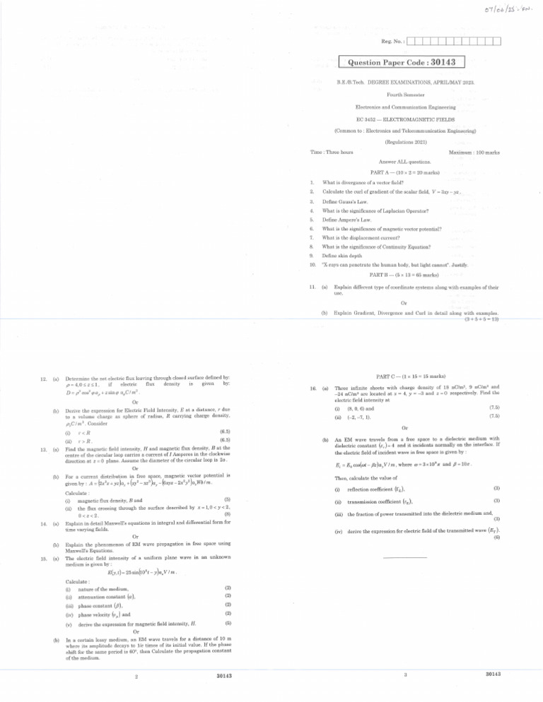 EC3452 - Electromagnetic Fields - R2021 - 2023 April | PDF