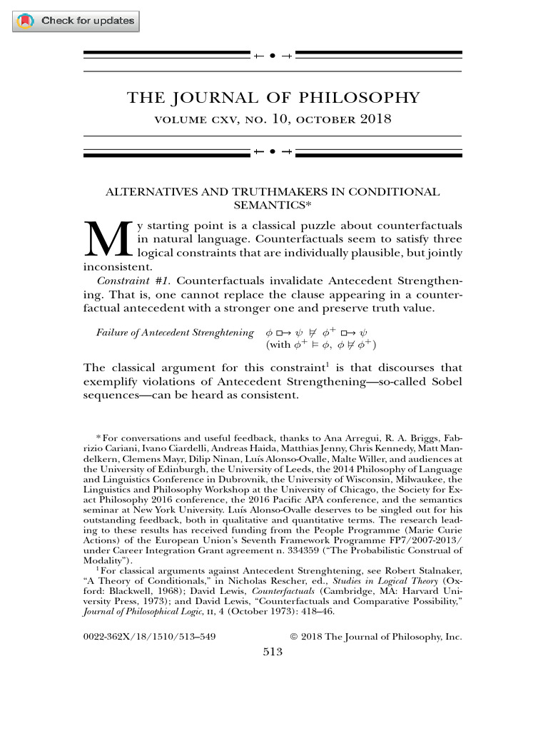 Santorio (2018) - ALTERNATIVES AND TRUTHMAKERS IN CONDITIONAL SEMANTICS | PDF | Modal Logic ...