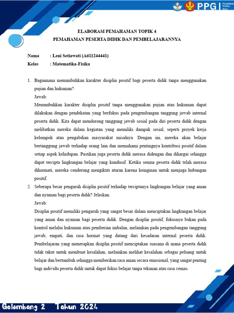 ELABORASI PEMAHAMAN TOPIK 4 PPDP | PDF