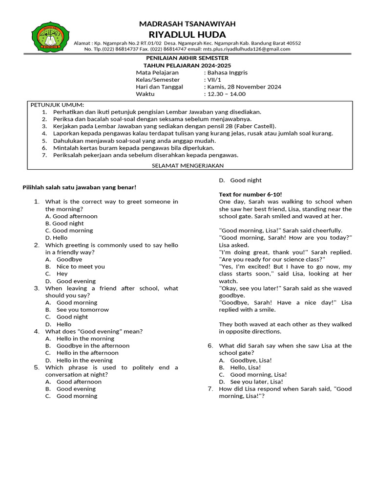 SOAL PAS-BING-7 | PDF | Taste | Spoon