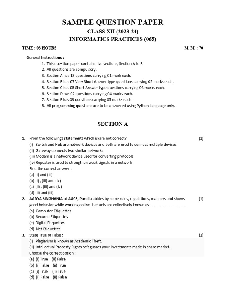 Class XII Informatics Practices Paper | PDF