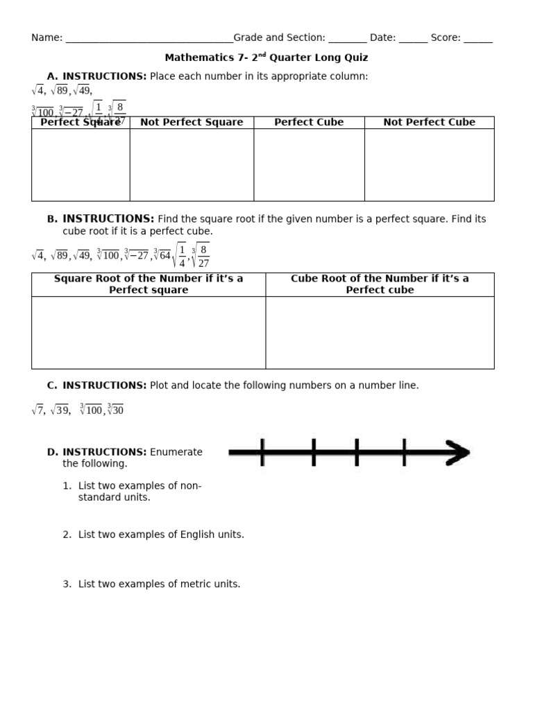 Long Quiz - Perfect Numbers, Irrational and Measurements | PDF