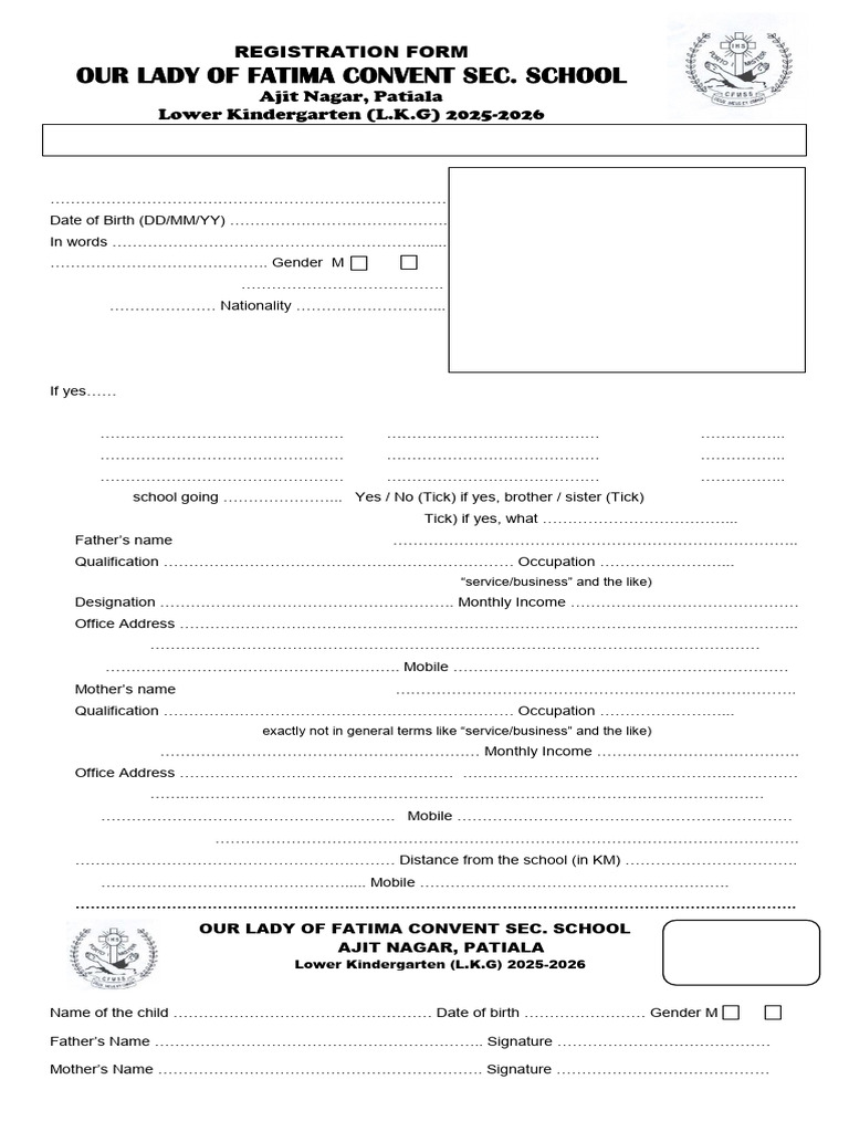 LKG Registration Form 2025-2026 | PDF
