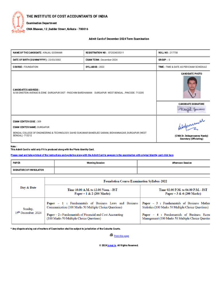 Admit Card of December 2024 Term Examination | PDF | Justice | Crime & Violence