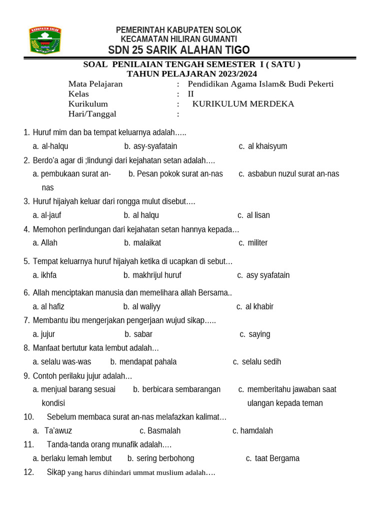Soal Mid Kelas 2 SD 2023 | PDF
