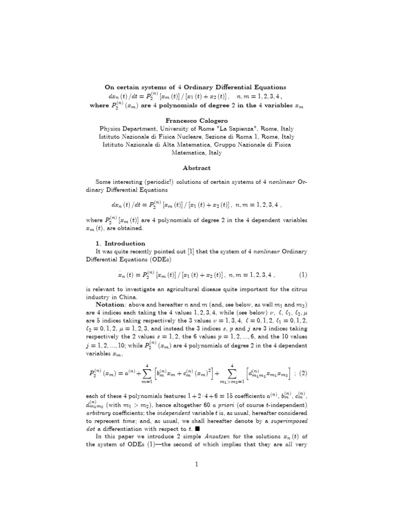Periodic Solutions of 4 ODE Systems | PDF | Equations | Ordinary ...