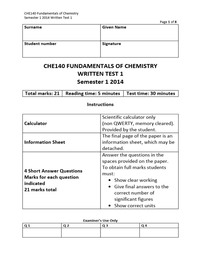 CHE140 Fundamentals of Chemistry - Semester 1 2014 Written Test 1 | PDF ...