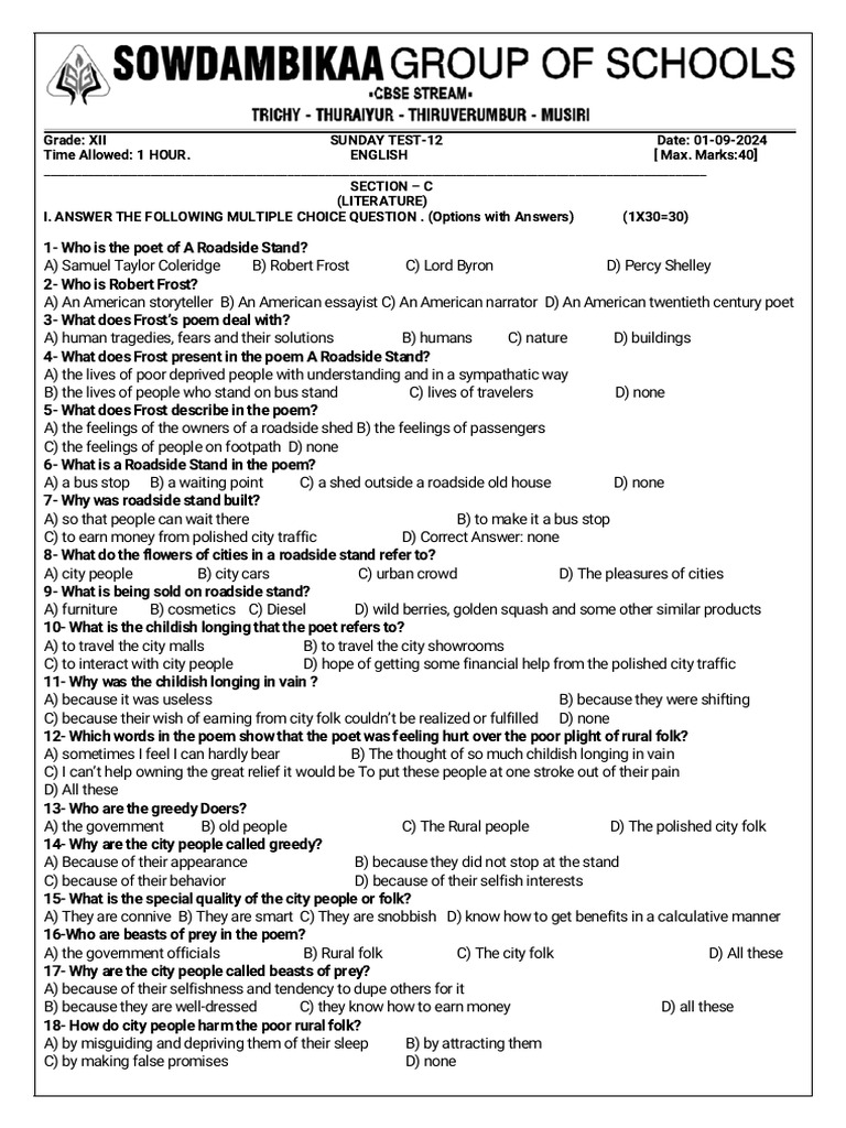 GRADE 12 ENGLISH SUNDAY TEST-12 | PDF