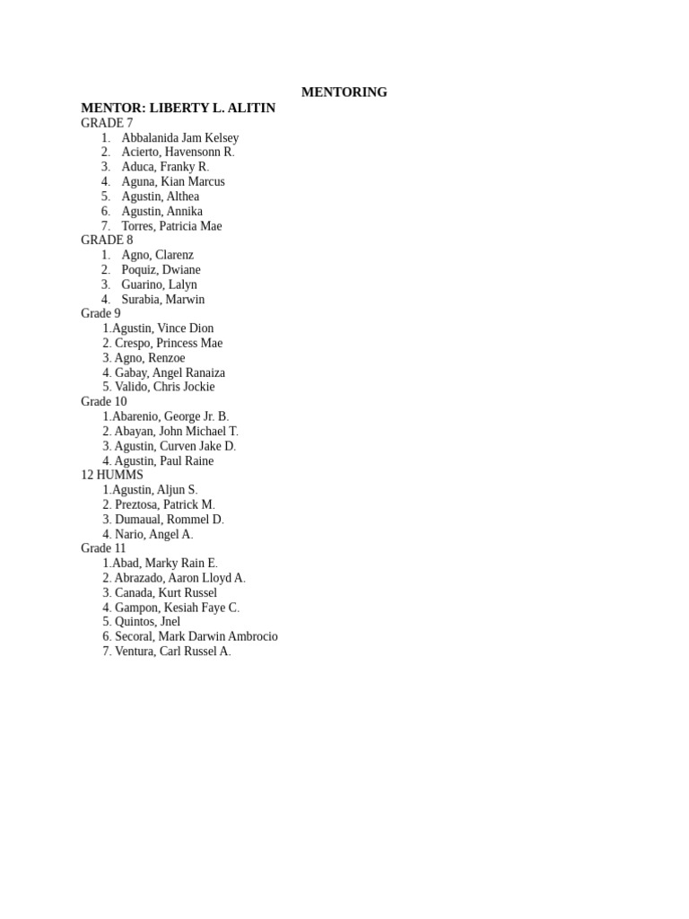 Grade 7-11 Mentoring List | PDF