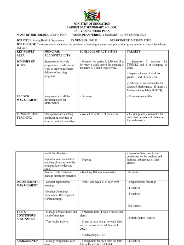 Individual Work Plan for Headteacher | PDF | Teachers | Cognition