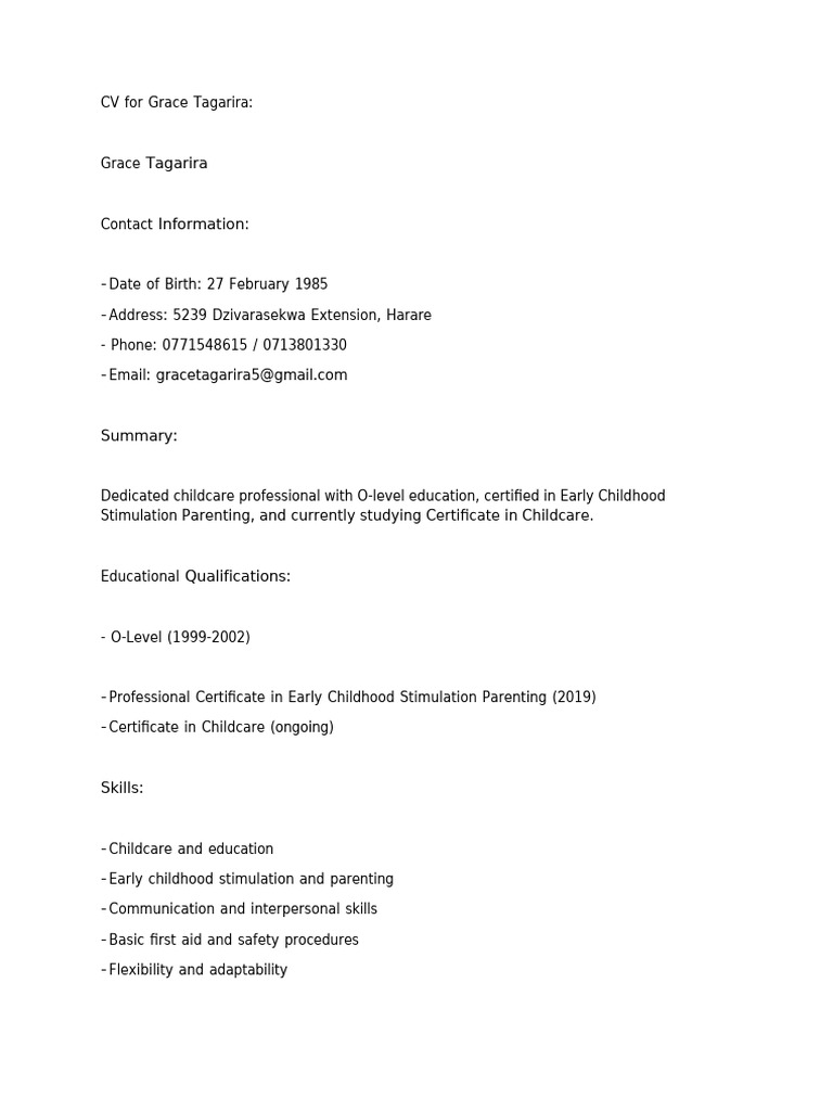 Grace Tagarira CVvvvvvvvv | PDF