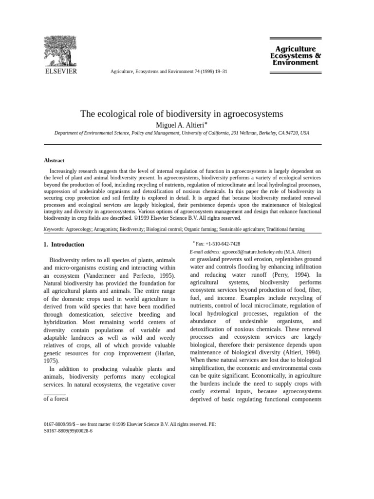 Ecological Role of Biodiversity in Agroecosystems | PDF | Agriculture ...