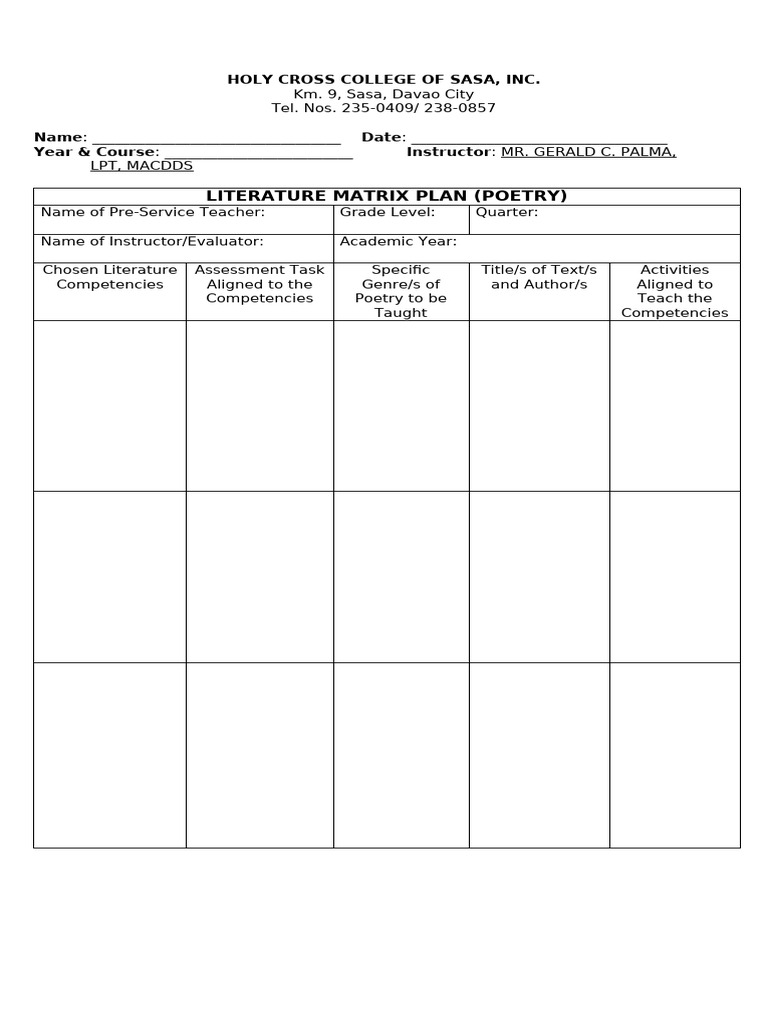 EL 7 - Literature Matrix Plan | PDF