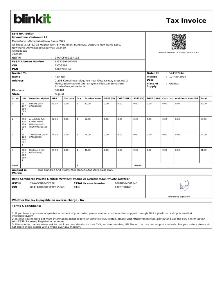 Tax Invoice for Ravi Nai - May 2024 | PDF | Taxes | Economy Of India