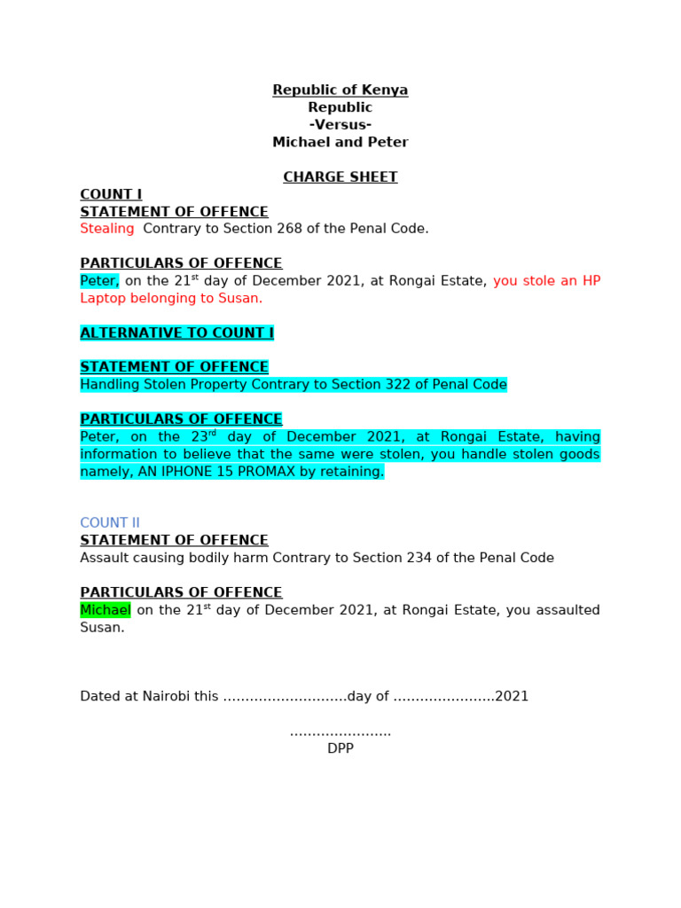 Kenya Charge Sheet: Theft and Assault | PDF