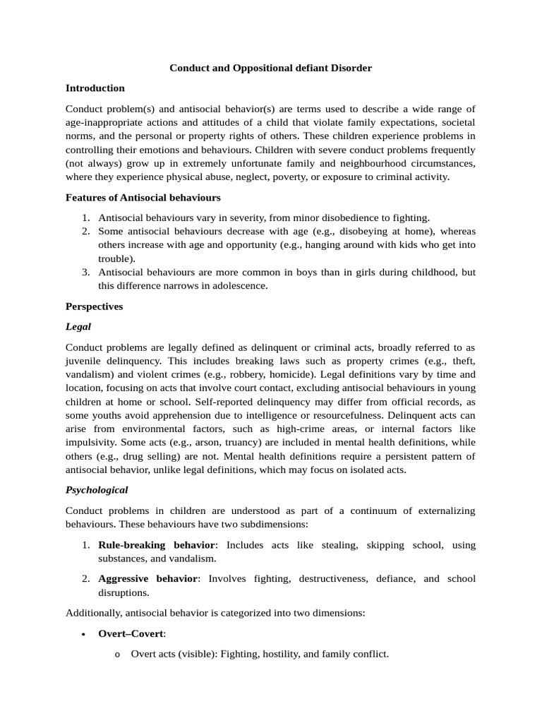 Conduct and Oppositional Defiant Disorder | PDF | Antisocial ...