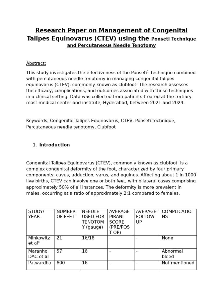 Research Paper On Management of Congenital Talipes Equinovarus (CTEV ...