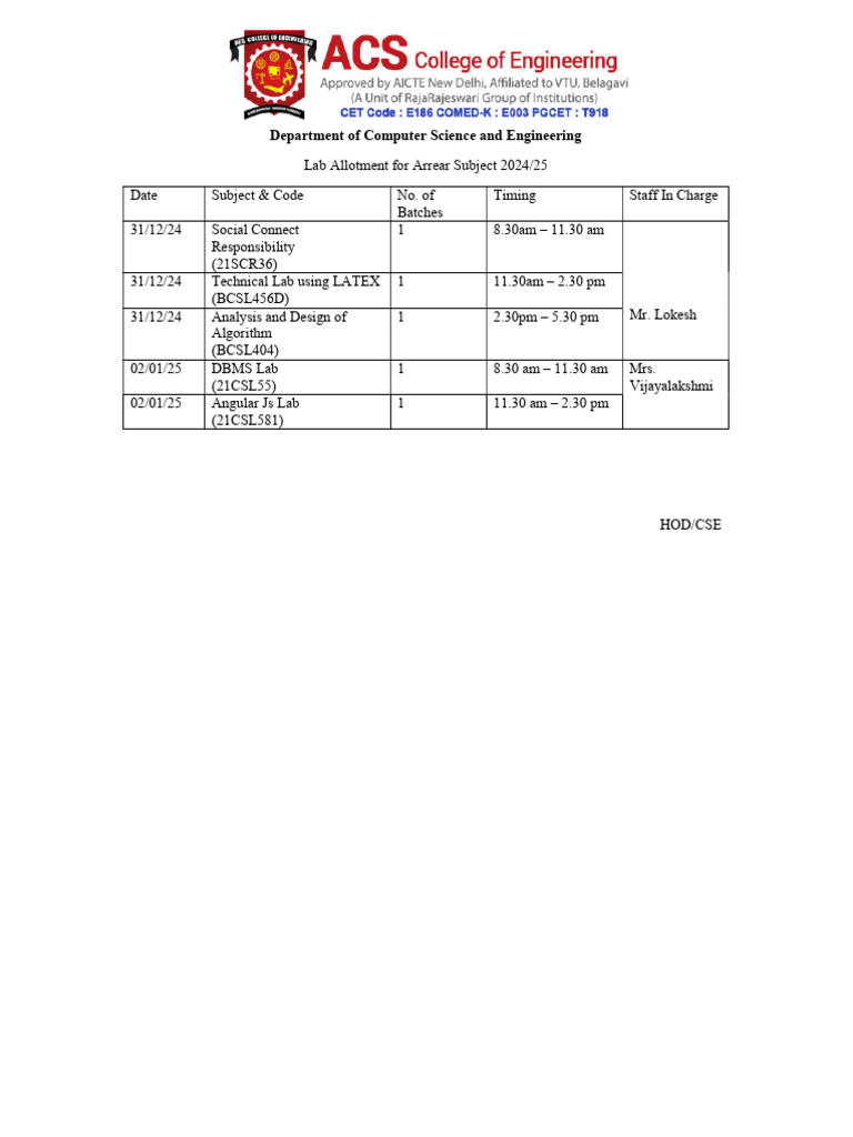 Lab Schedule For 31st and 2nd Jan | PDF