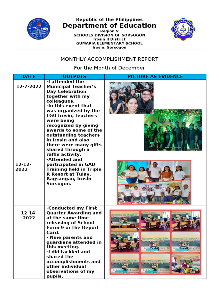 monthly accomplishment report(December) | PDF