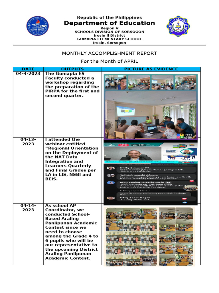 April Monthly Accomplishment Report | PDF | Educational Stages